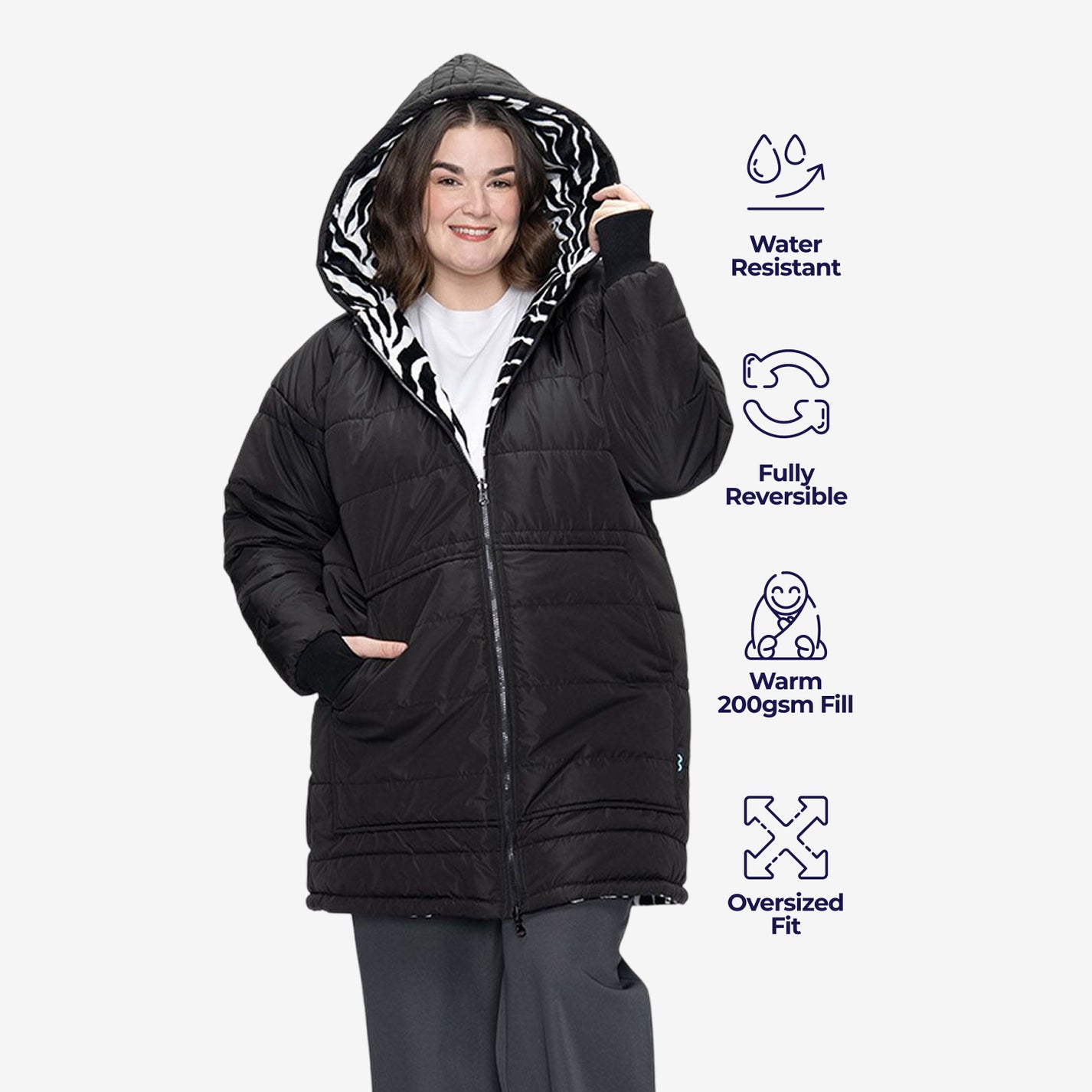 Black / Zebra Long Puffer Jacket – The Oodie